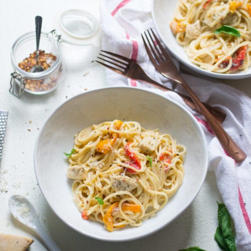 Creamy Chicken and Roasted Red Pepper Spaghetti - Sarcastic Cooking