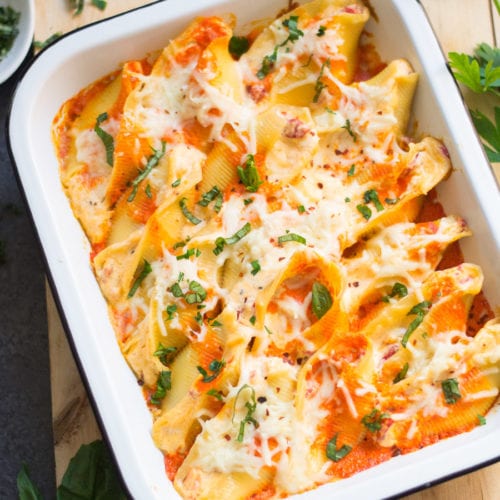 Creamy Roasted Red Pepper Stuffed Shells - Sarcastic Cooking