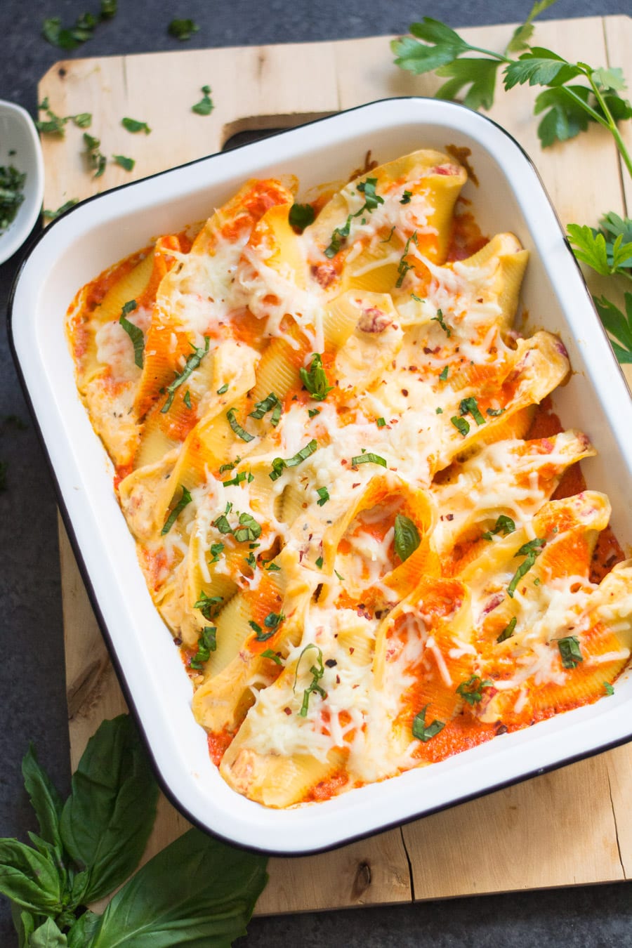 Creamy Roasted Red Pepper Stuffed Shells - Sarcastic Cooking