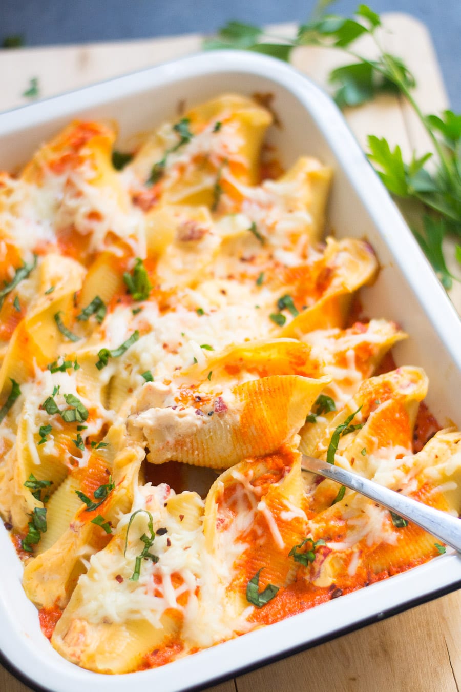 Creamy Roasted Red Pepper Stuffed Shells - Sarcastic Cooking