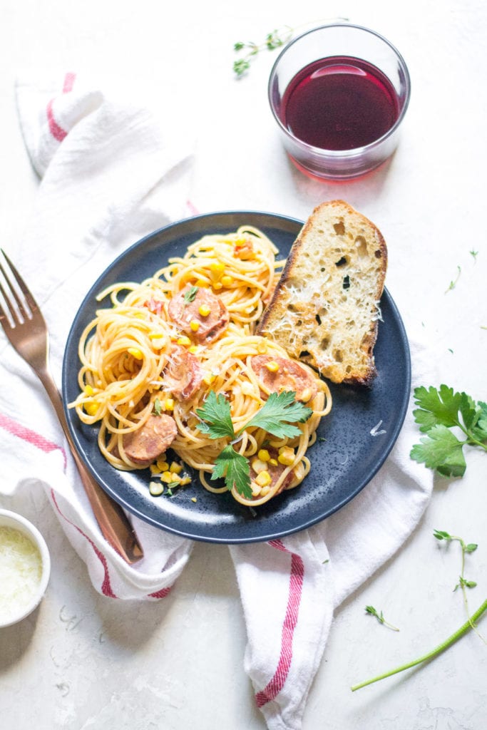 Creamy Corn and Sausage Spaghetti - Sarcastic Cooking