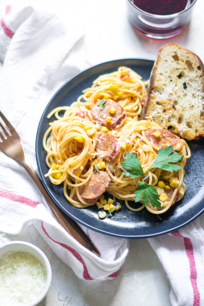 Creamy Corn and Sausage Spaghetti - Sarcastic Cooking