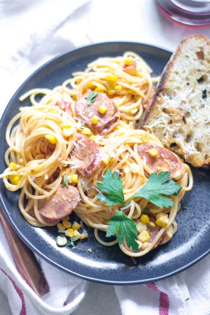 Creamy Corn and Sausage Spaghetti - Sarcastic Cooking
